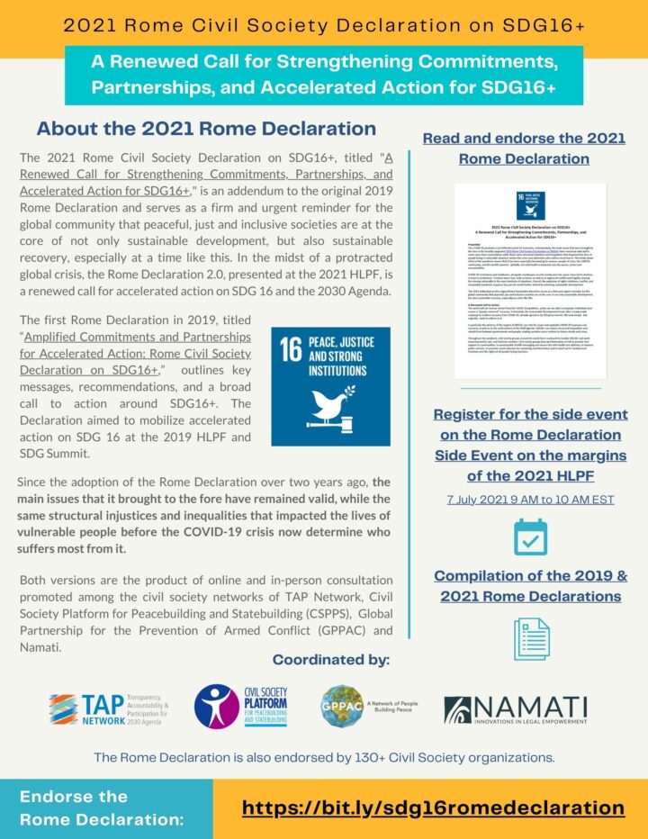 Rome Civil Society Declaration on SDG16+ - TAP Network